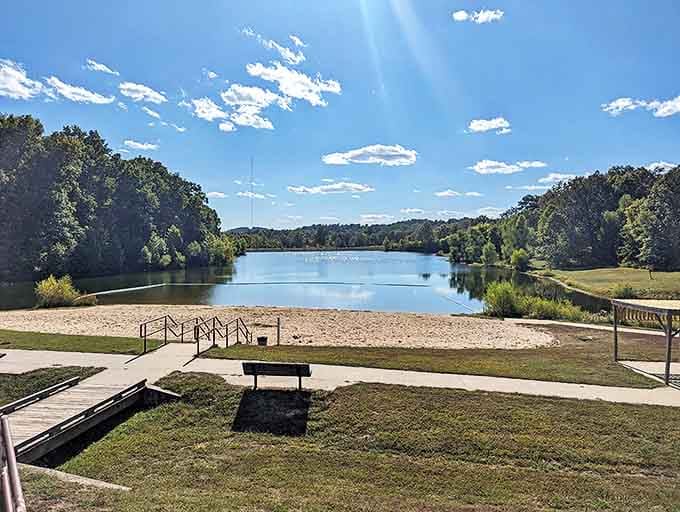 Lake Boutin sparkles like a jewel in the forest crown. This peaceful swimming and fishing spot proves Missouri knows how to do beaches, just without the sharks.