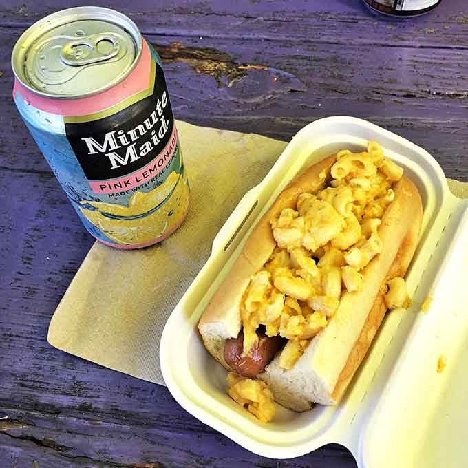 When breakfast meets lunch, magic happens. This mac and cheese dog alongside pink lemonade is summer on a plate.