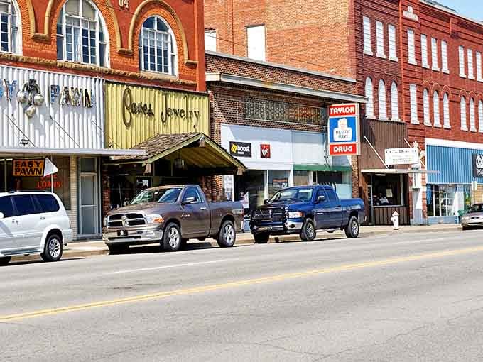 Architectural details from another era adorn these brick buildings, where Taylor Drug might still make a chocolate malt that tastes like childhood memories.