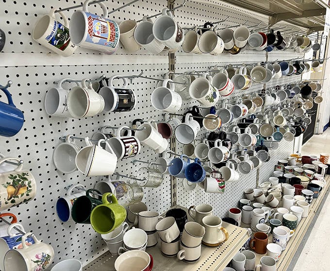 Mug hooks create a caffeinated art installation, where coffee vessels tell stories of vacations taken, motivational quotes embraced, and personalities expressed.