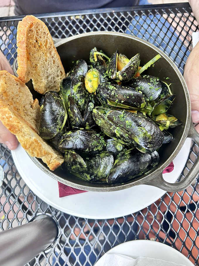 These mussels aren't just opened, they're having a full-blown conversation with that crusty bread about the meaning of deliciousness.