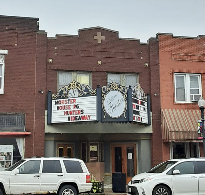 The Nappanee Theatre marquee announces "Hunter's Hideaway"&mdash;coincidentally both a movie title and where you'll find one of the best pork tenderloins in Indiana.