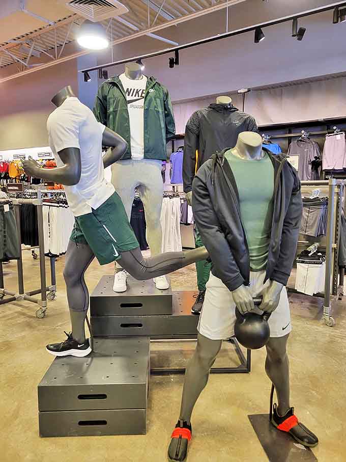Nike's mannequins strike athletic poses that most of us only achieve in our imagination, showcasing activewear for both actual and aspirational exercise.