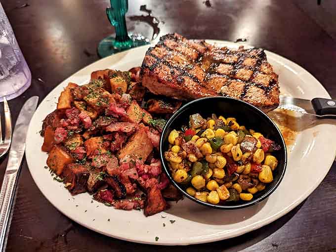 This pork chop has the kind of perfect grill marks that would make a backyard BBQ champion weep with envy.