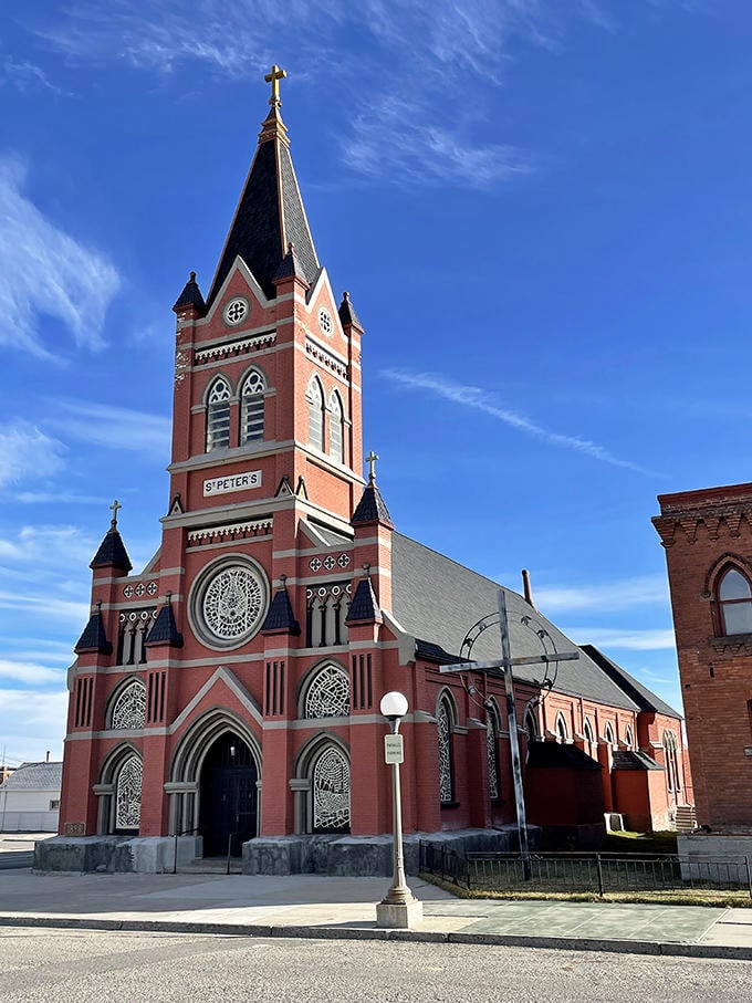 St. Peter's Catholic Church reaches skyward with architectural grace, its brick tower a spiritual landmark visible throughout town.