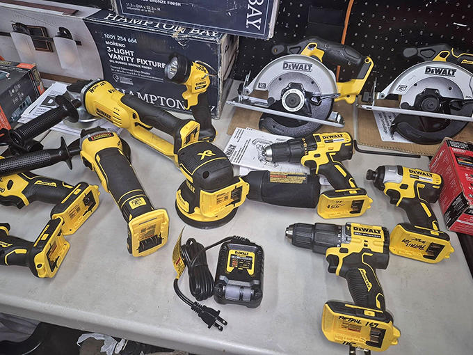 DeWalt yellow dominates this tool paradise. DIY dreams come true for less than the cost of hiring someone to do it for you.