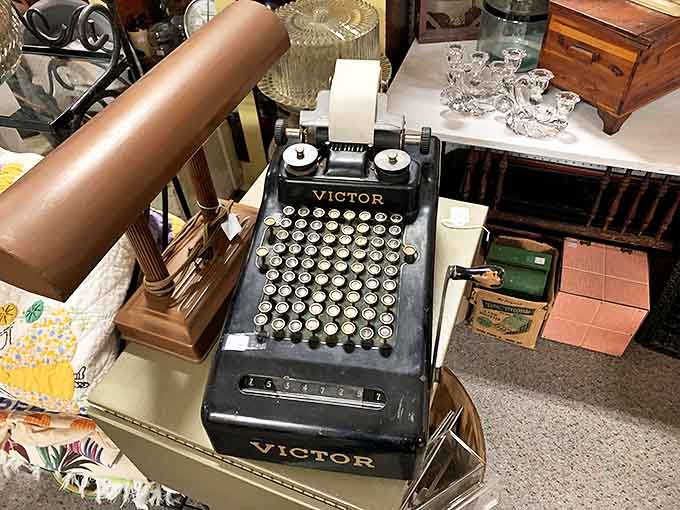 This Victor adding machine once tallied the finances of a bygone era, its mechanical precision a beautiful counterpoint to today's digital world.