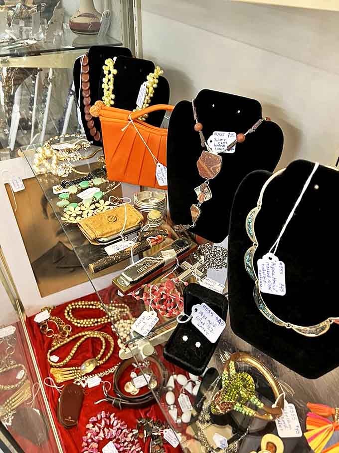 Jewelry displays showcase everything from costume pieces that would make Audrey Hepburn swoon to authentic turquoise treasures.
