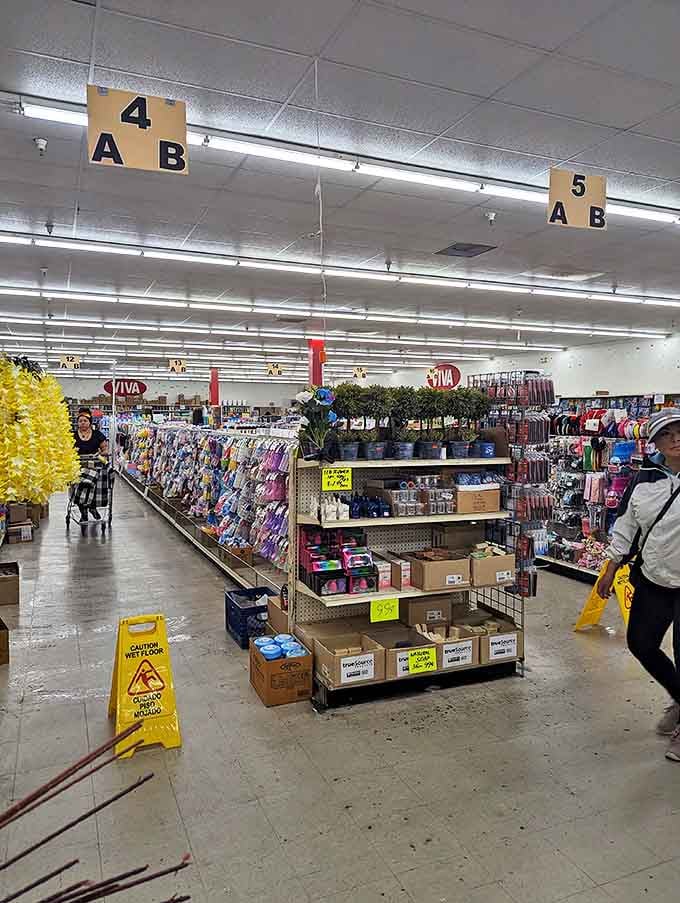 Yellow aisle markers hover above like retail air traffic control, guiding bargain hunters through this merchandise metropolis.