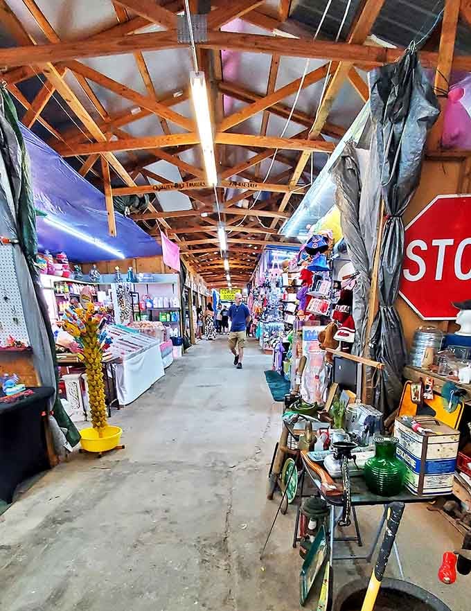 The architectural backbone of treasure hunting &ndash; wooden beams frame endless possibilities while that STOP sign ironically encourages you to keep exploring.