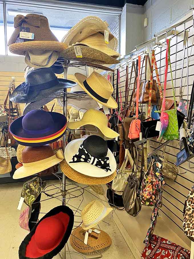 Hat heaven! From sun protection to fashion statement, this rotating display of headwear offers solutions for bad hair days and beach vacations alike.