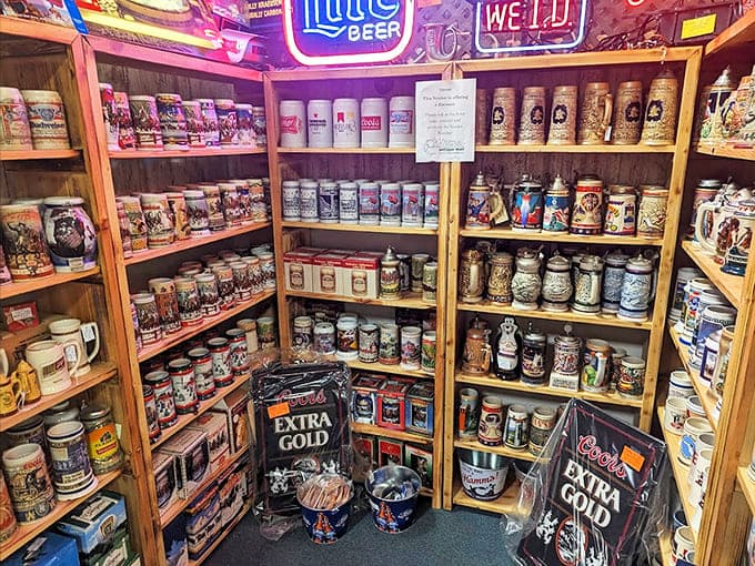 The beer memorabilia corner&mdash;where dad jokes about "conducting research" were born. Every man cave's dream inventory in one tidy booth.