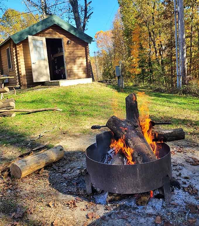 A crackling campfire performs its hypnotic dance outside a cozy cabin&mdash;nature's television program that never needs a subscription.