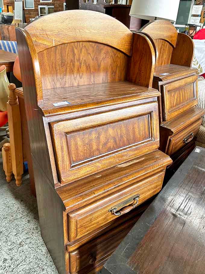 These wooden cabinets have more character in their drawer pulls than most new furniture has in its entirety.
