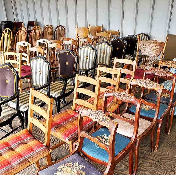 Chair-apalooza! A symphony of seating options that spans decades of design, from farmhouse chic to mid-century masterpieces.