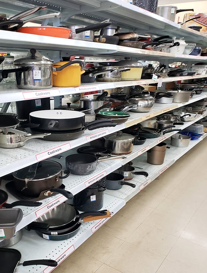 Cookware heaven! Pots and pans from every era stand ready for their culinary comeback in your kitchen.