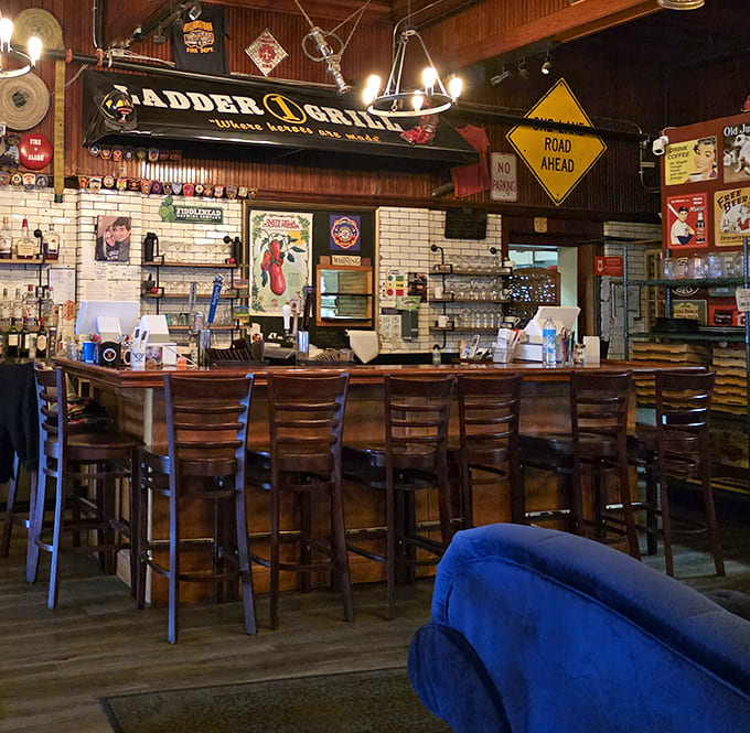 The bar area feels like the world's coziest fire station, where the only emergency is deciding which craft beer to try first.