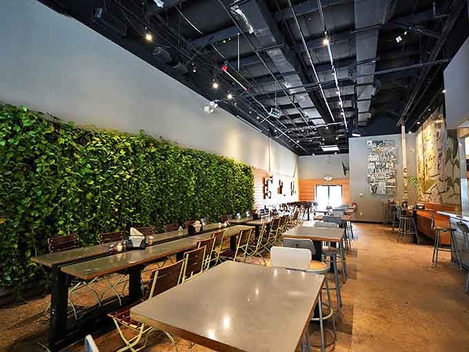 The living wall adds a touch of nature to Lazy Moon's dining space, proving pizza and plants make surprisingly good companions.