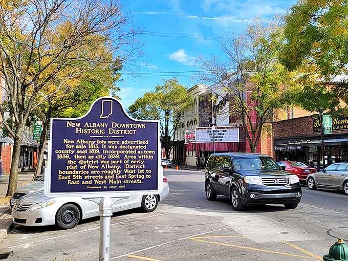 Downtown New Albany's historic district sign stands as a reminder that this affordable housing market comes with a side of rich history and architectural character.