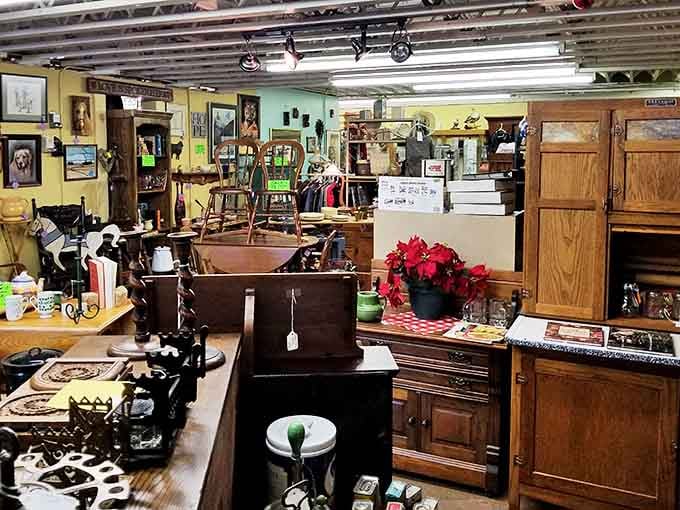 Wooden cabinets, vintage kitchenware, and holiday decorations create the perfect hunting ground for nostalgic homemakers.