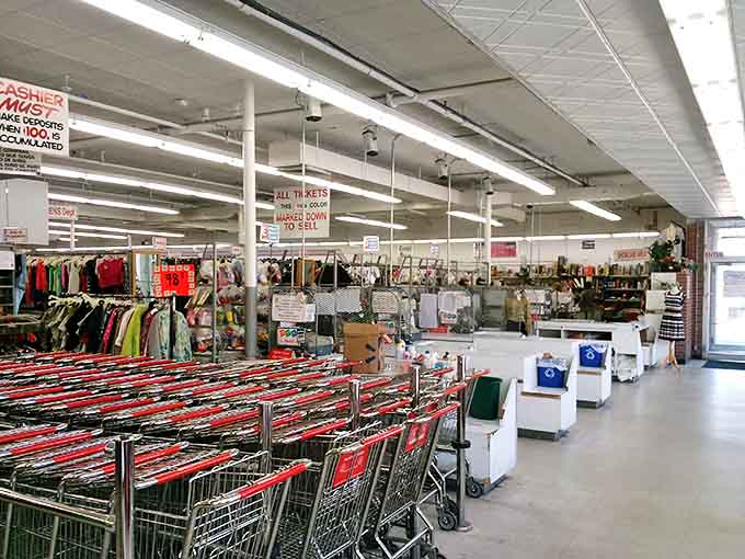 The command center of thrift operations, where shopping carts stand ready for bargain-hunting missions. The fluorescent lighting sets the stage for discovery.