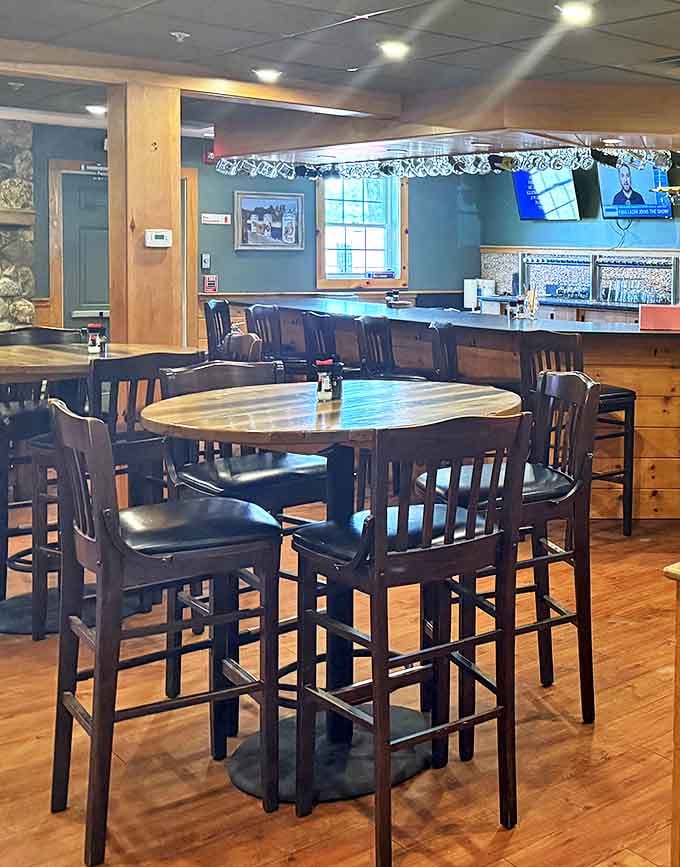 The high-top tables offer the perfect perch for casual dining or watching the game while debating the merits of scallops versus shrimp.