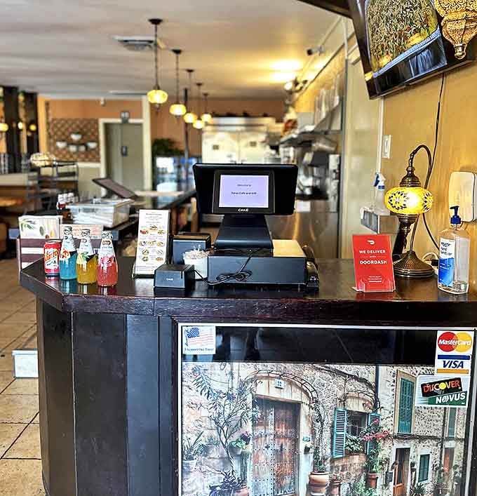 The counter might look ordinary, but it's actually a portal to flavor country&mdash;complete with colorful sodas and Mediterranean decor.