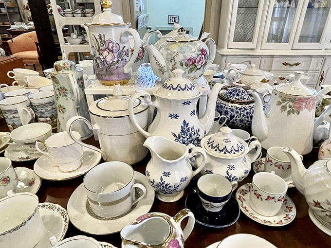 Teapots and china sets arranged with such loving care, you can almost hear them whispering about the dinner parties they've witnessed.