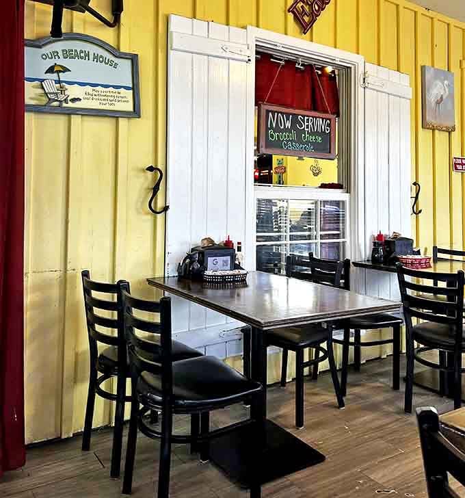 Yellow walls and beach house vibes create that casual coastal charm where calories don't count and vacation mode is mandatory.