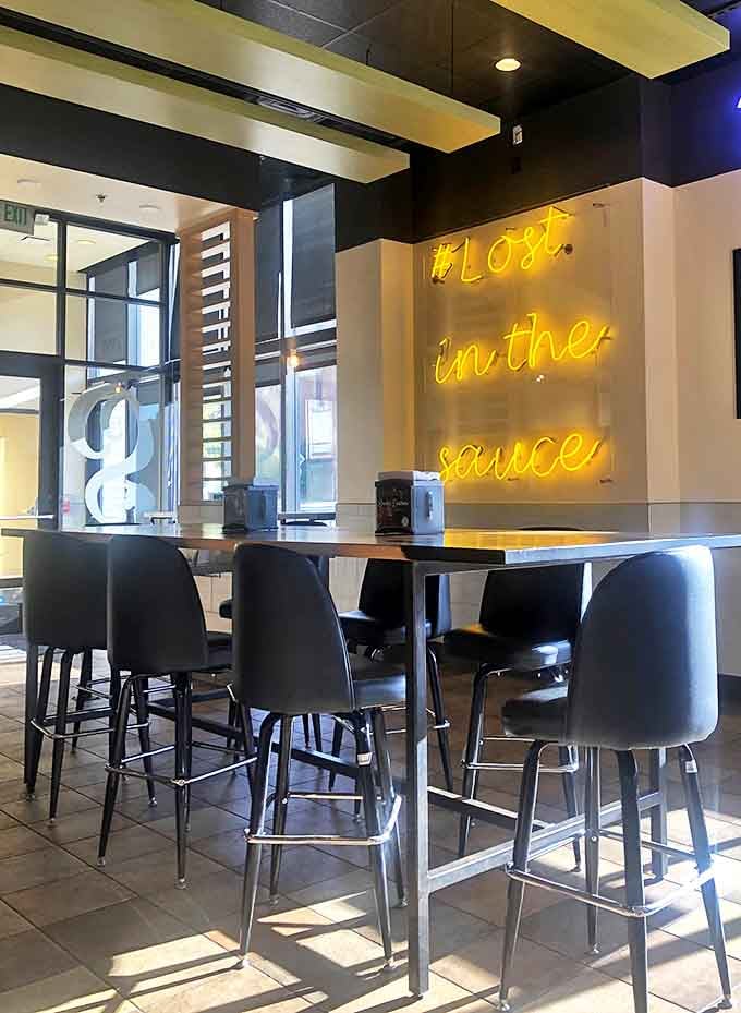 The "Lost in the Sauce" neon isn't just decor&mdash;it's the most honest advice you'll get in Denver. Words to live by, illuminated.