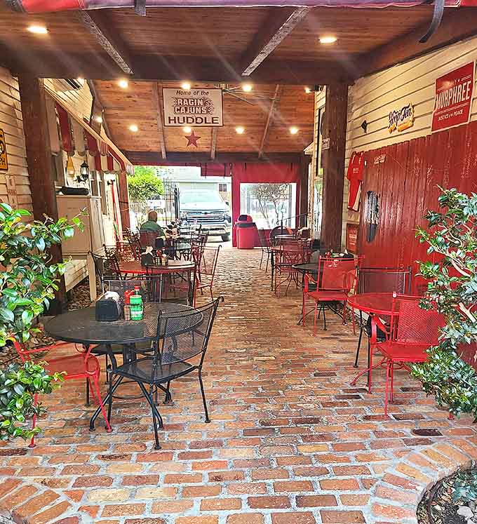 The covered patio offers a brick-lined sanctuary where you can commune with your sandwich in the dappled shade. Sacred dining ground.
