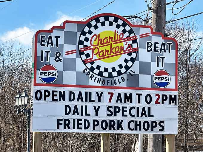 The sign promises "Eat It & Beat It" &ndash; diner poetry that captures the no-nonsense approach to good food served without pretension.