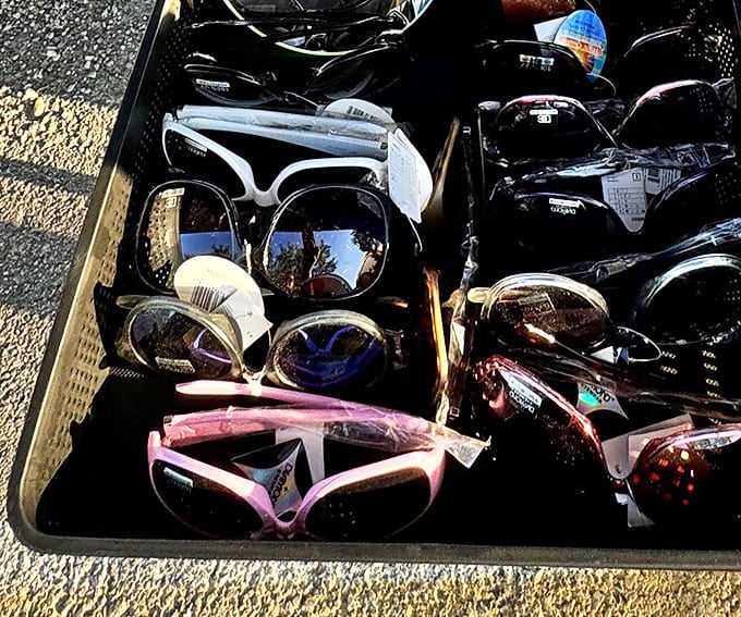 Baskets overflow with sunglasses in every style, from retro chic to modern practical for Texas sunshine.