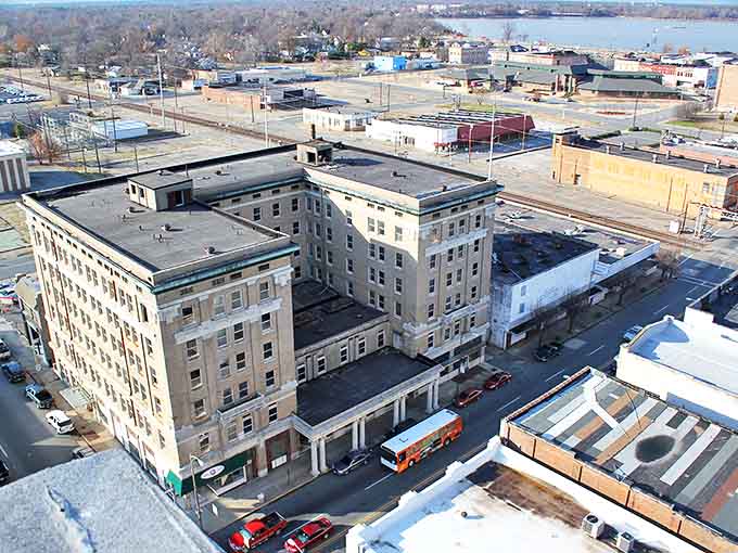 This aerial view of downtown Pine Bluff reveals the kind of sturdy, no-nonsense architecture that was built when buildings were meant to last longer than smartphone upgrades.