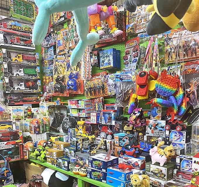 Toy paradise where adults linger longer than the kids they brought. That rainbow piñata practically screams "best birthday party ever!"