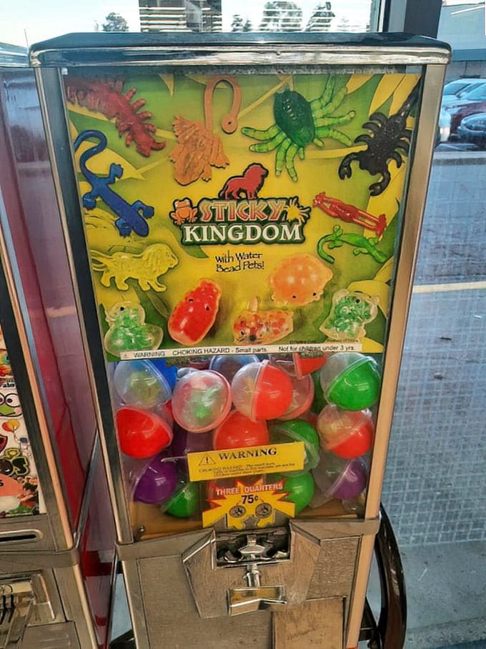 The "Sticky Kingdom" vending machine: childhood nostalgia in capsule form. Quarter-powered happiness that sticks to windows, not wallets.