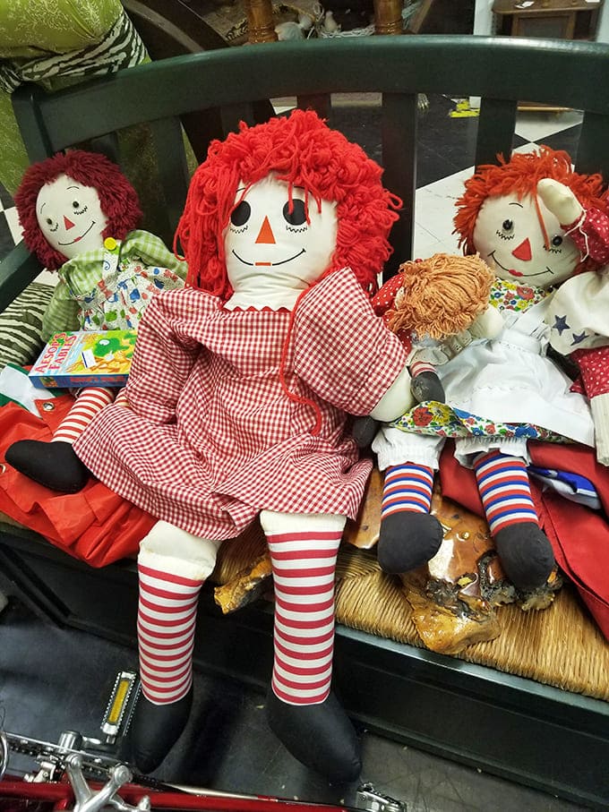 Raggedy Ann and friends waiting for their forever homes. Those striped socks haven't gone out of style in 100 years!