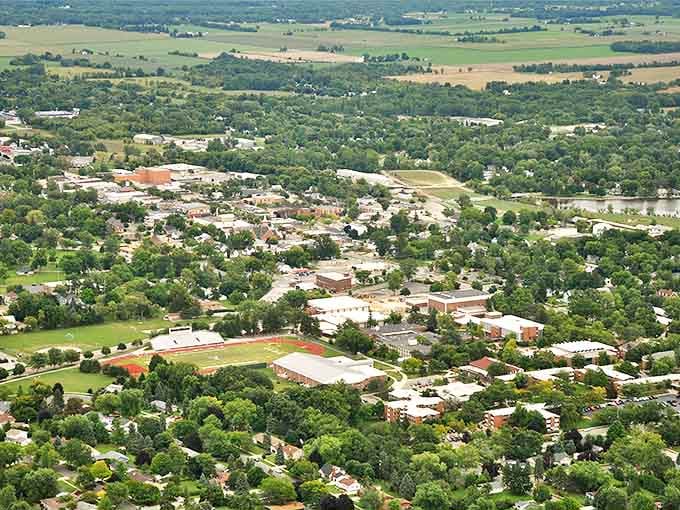 Aerial view of Alma's classic brick buildings that witnessed generations of college students and townspeople creating shared memories.