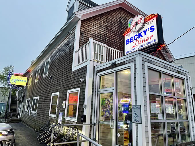 Becky's weathered shingles tell stories of foggy mornings, fresh catch, and the best blueberry pancakes on the waterfront.
