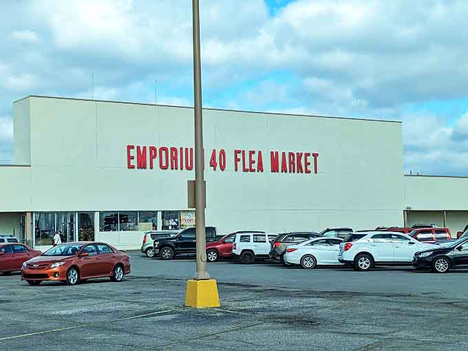 Emporium 40 stands proud against the Indiana sky, a white-walled wonderland of bargains waiting to be discovered.