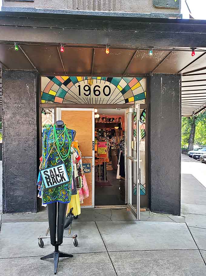 Magpie's artistic entrance with colorful stained glass sets the tone for the vintage wonderland inside.