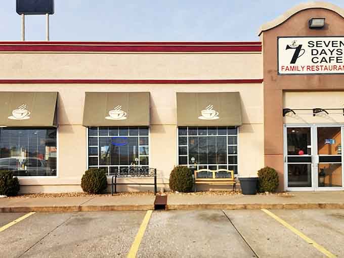 Seven Days Cafe's coffee cup awnings are like a caffeinated welcome mat for breakfast enthusiasts and lunch loyalists alike.