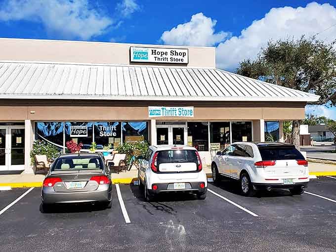 The HOPE Shop's cheerful exterior matches the sunny optimism of finding that perfect item at a perfect price.