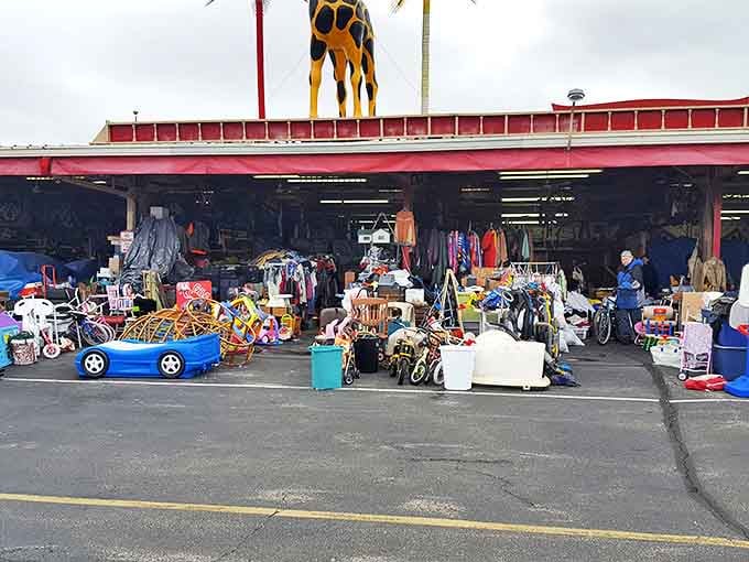 The iconic red-roofed building welcomes bargain hunters to discover both outdoor treasures and indoor delights year-round here.