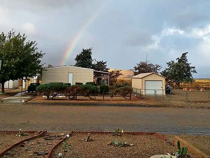 Weldon's modest homes come with million-dollar views and rainbow bonuses after desert rain showers&mdash;nature's own retirement gift.
