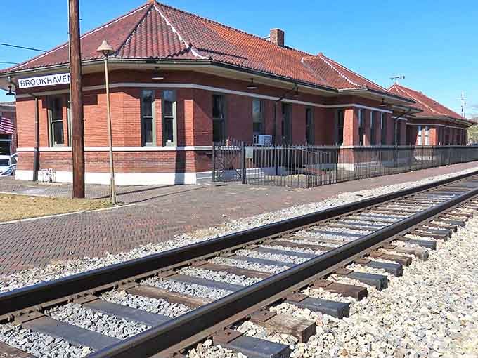 Brookhaven's train depot stands ready to welcome visitors, representing the town's connection to Mississippi's railroad heritage and history.