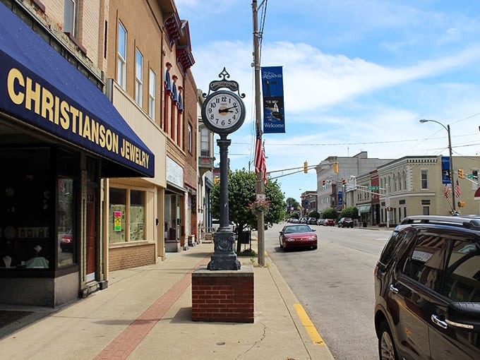 Downtown Kendallville clock stands sentinel over streets where neighbors still stop to chat about everything and nothing.