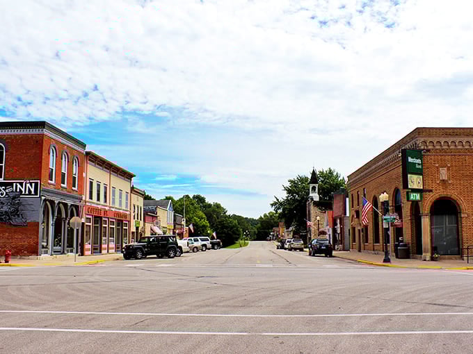Historic brick buildings line Lanesboro's main street, offering a step back in time that feels like walking onto a movie set.