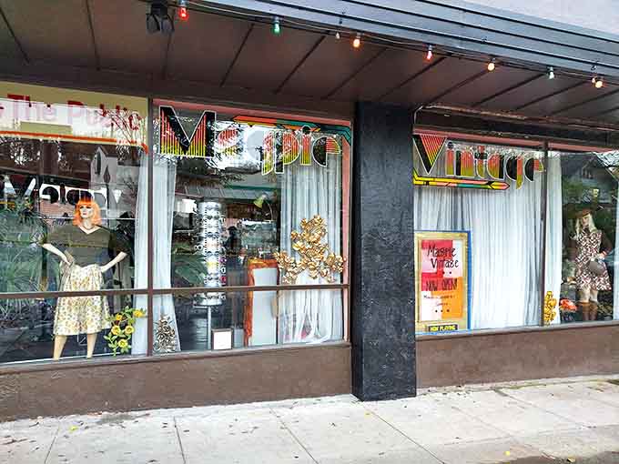 Window displays worthy of a department store showcase the carefully curated vintage fashion treasures.