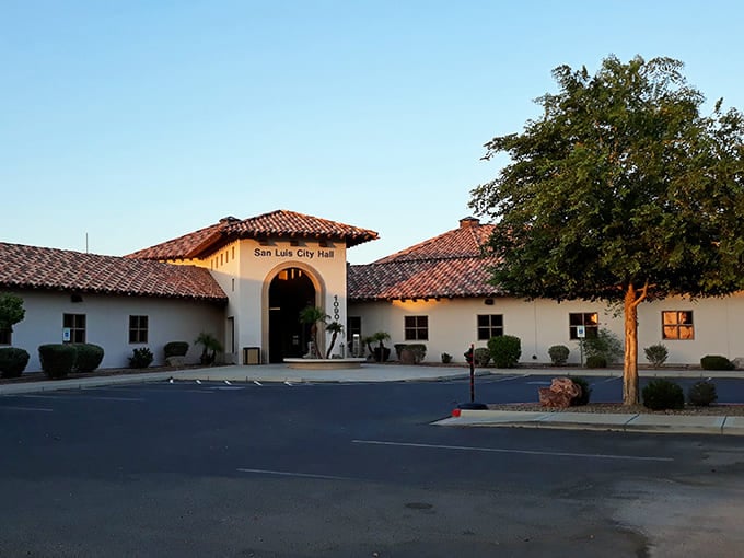San Luis City Hall's Spanish colonial architecture reflects the town's cultural heritage and commitment to serving residents at affordable costs.